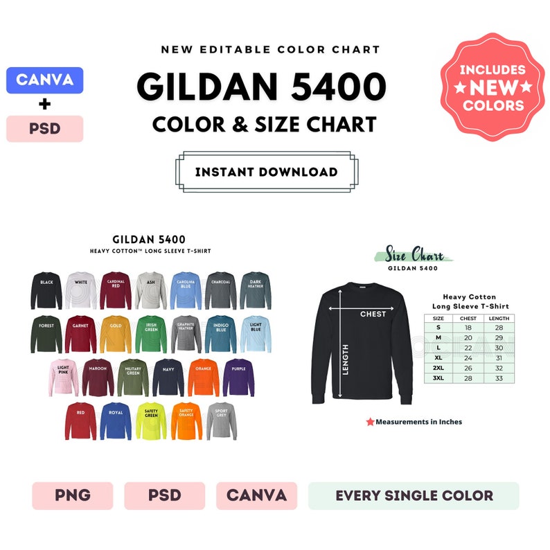 G540 Color + Size Chart | EDITABLE Canva Template | G540 Heavy Cotton ...