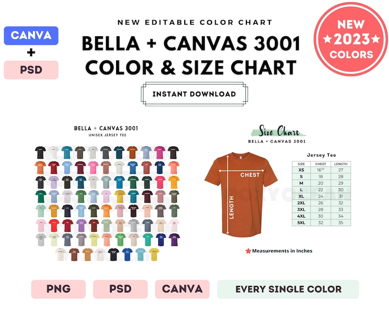 Bella Canvas 3001 Color Size Chart EDITABLE Canva Template - Etsy