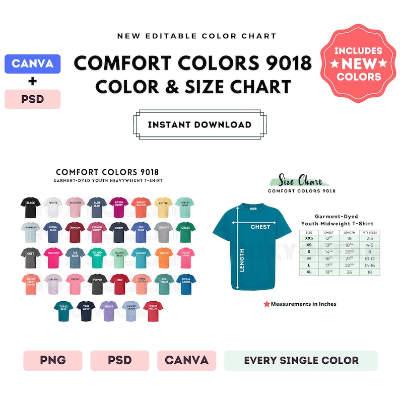 Comfort Colors 9018 Color Size Chart EDITABLE Canva Template 9018 Youth ...