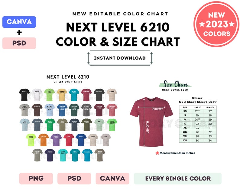 Next Level 6210 Color Size Chart EDITABLE Canva Template - Etsy UK