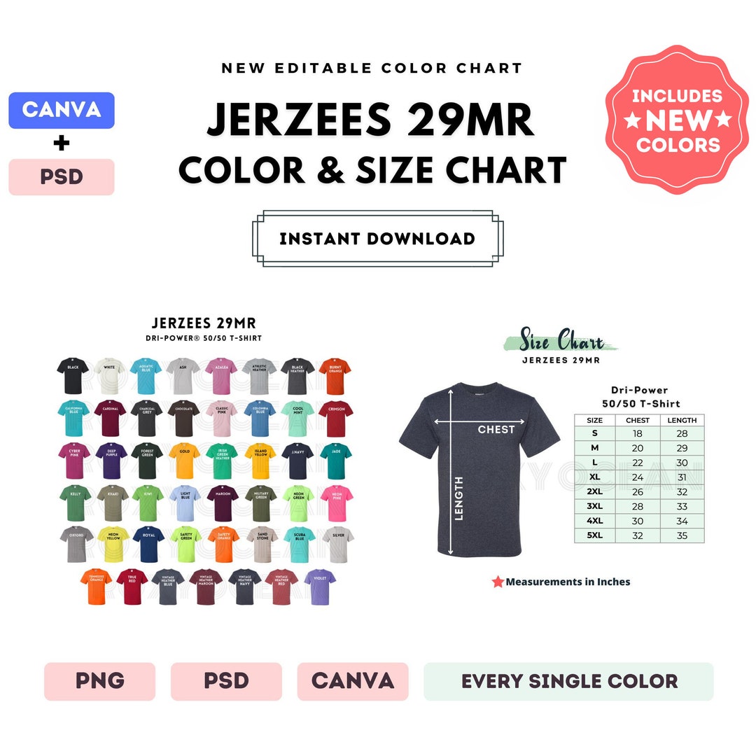 Jerzees 29MR Color + Size Chart | EDITABLE Canva Template | 29MR Dri ...