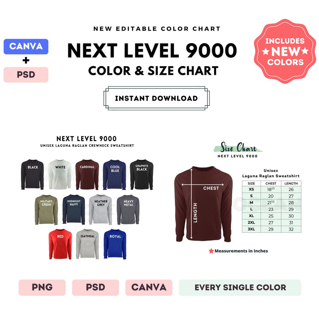 Tabela de cores e tamanhos Next Level 9000 | Modelo Canva EDITÁVEL ...