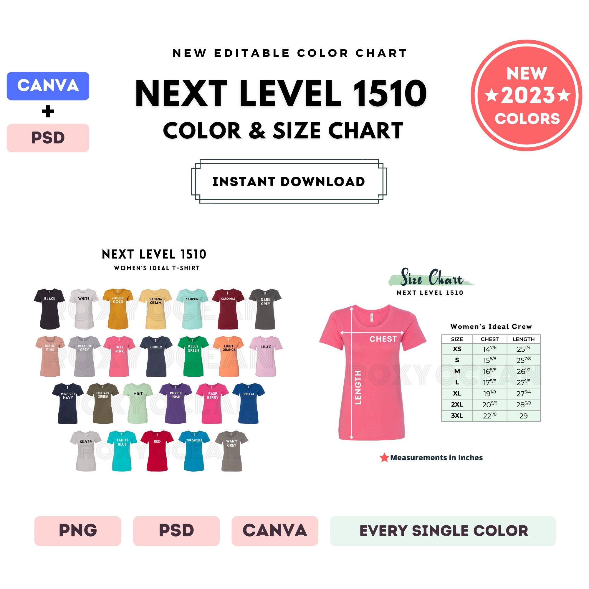Next Level 1510 Color Size Chart EDITABLE Canva Template 1510 Women's ...