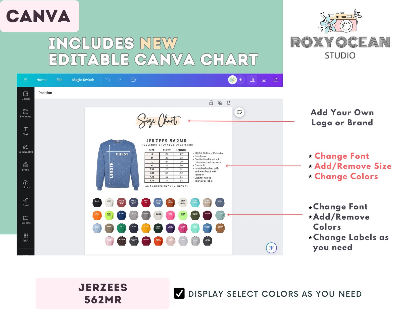 Jerzees 562MR Size + Color Chart | EDITABLE Canva Template | 562MR ...