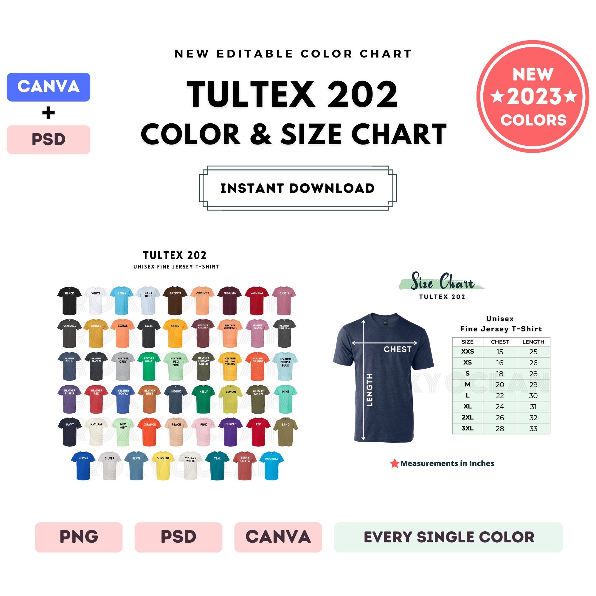 Tultex 202 Color Size Chart EDITABLE Canva Template 202 Unisex Fine ...
