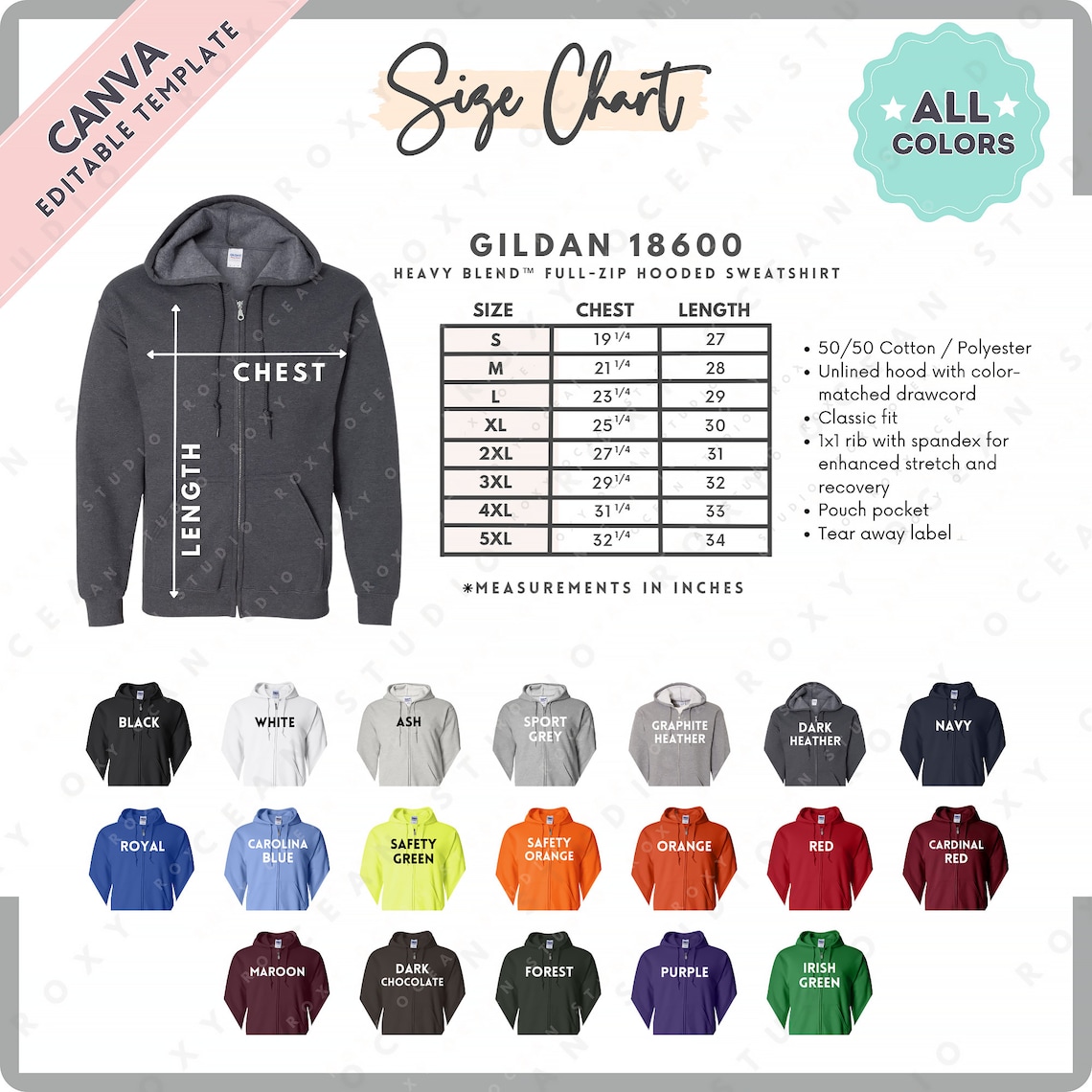 Gildan 18600 Size + Color Chart | EDITABLE Canva Template | G186 Full ...
