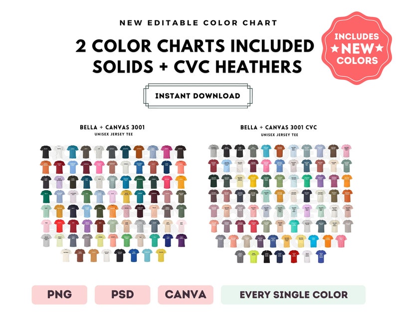 Bella Canvas 3001 Color + Size Chart | EDITABLE Canva Template | 3001 ...