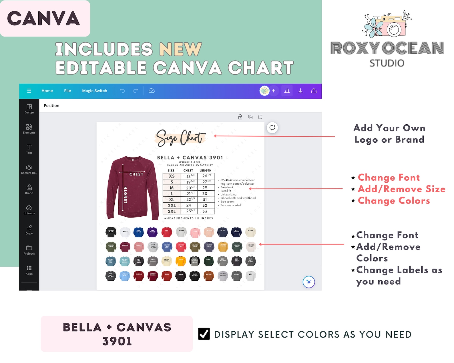 Bella Canvas 3901 Size + Color Chart | EDITABLE Canva Template | 3901 ...