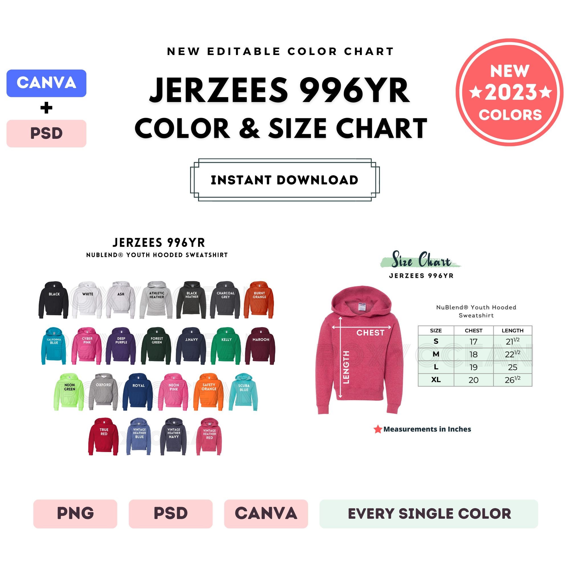 Jerzees 996YR Color Size Chart EDITABLE Canva Template - Etsy