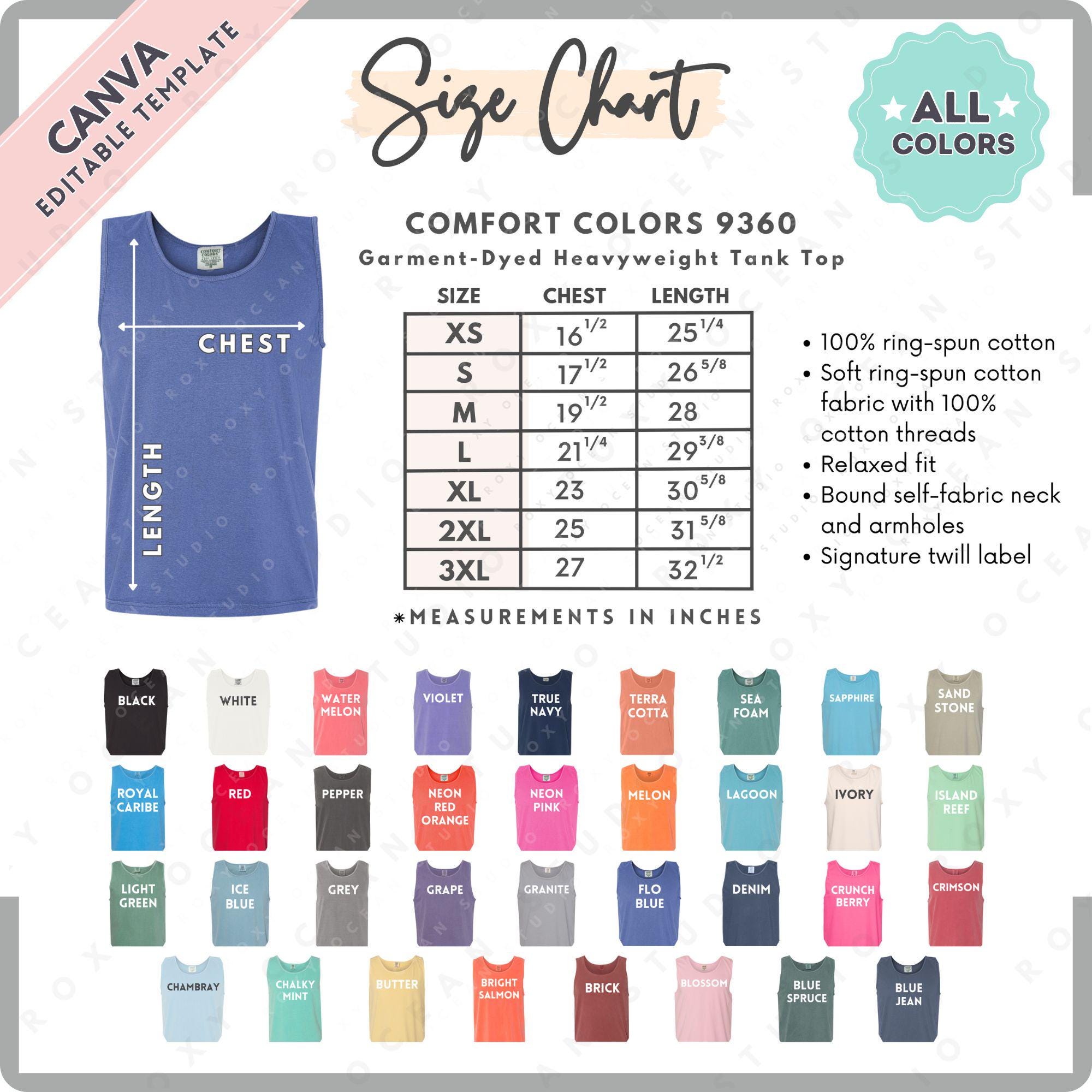 Comfort Colors 9360 Size + Color Chart | EDITABLE Canva Template | 9360 ...