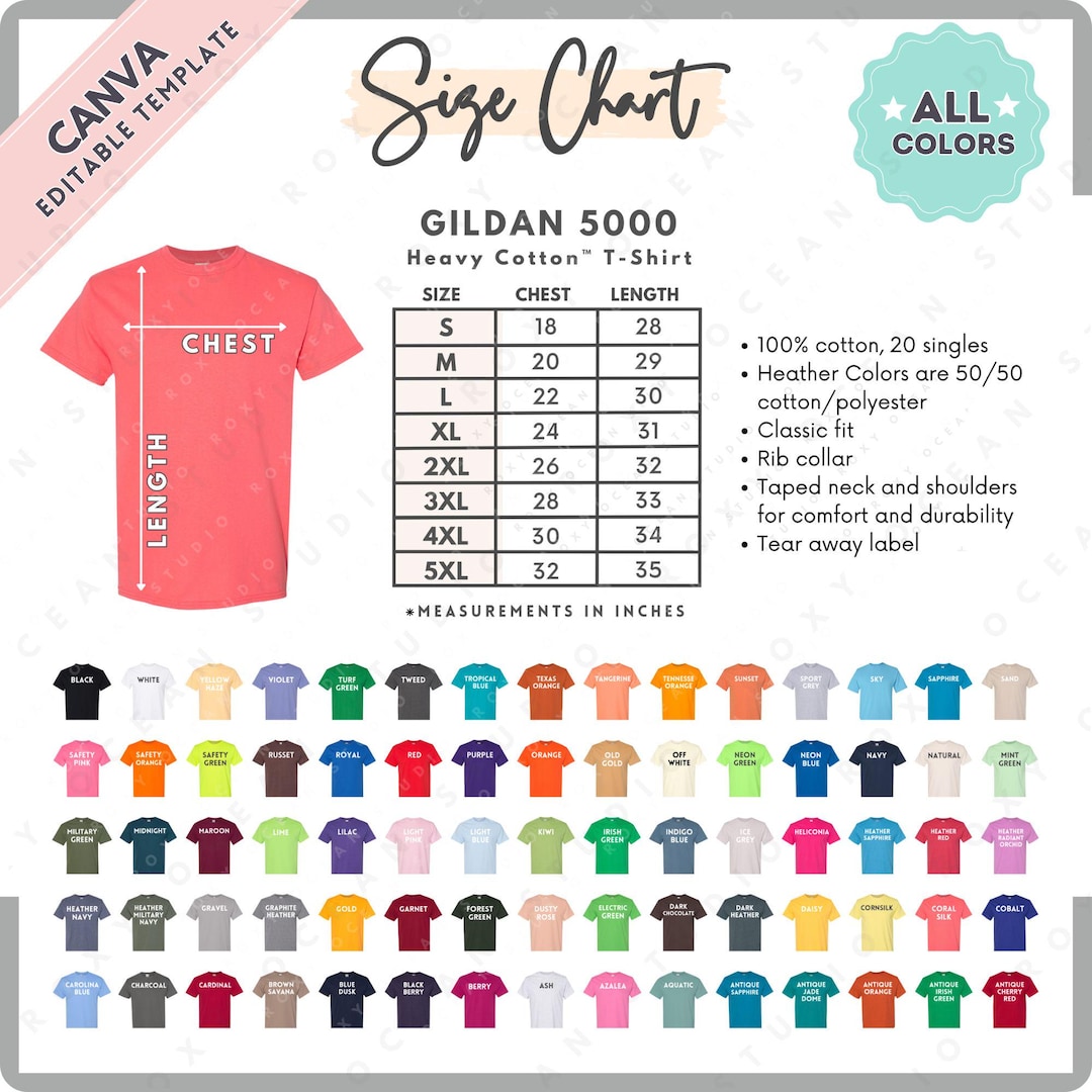 Gildan 5000 Size + Color Chart | EDITABLE Canva Template | G500 Heavy ...