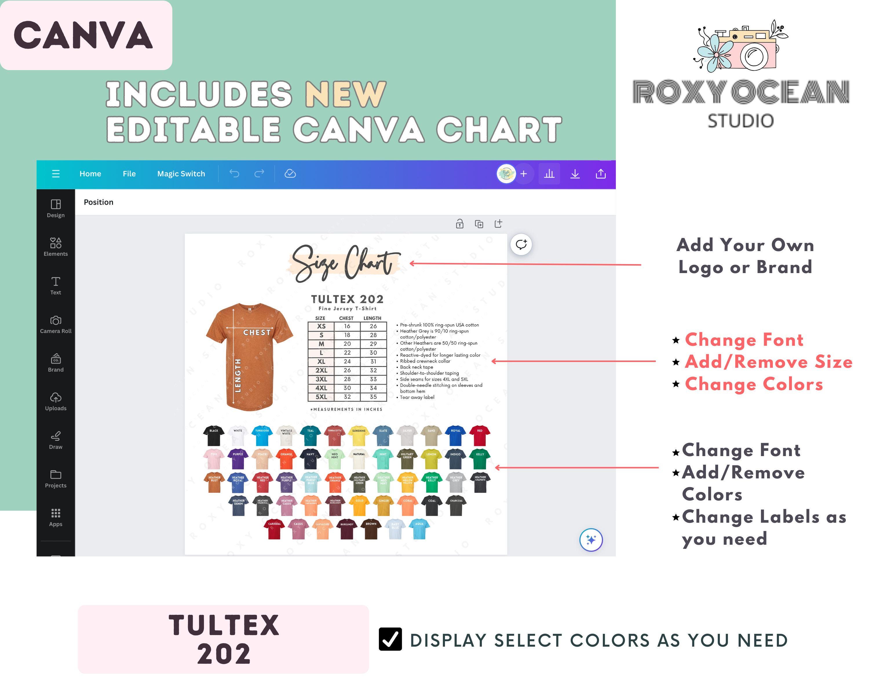 Tultex 202 Size + Color Chart | EDITABLE Canva Template | 202 Fine ...