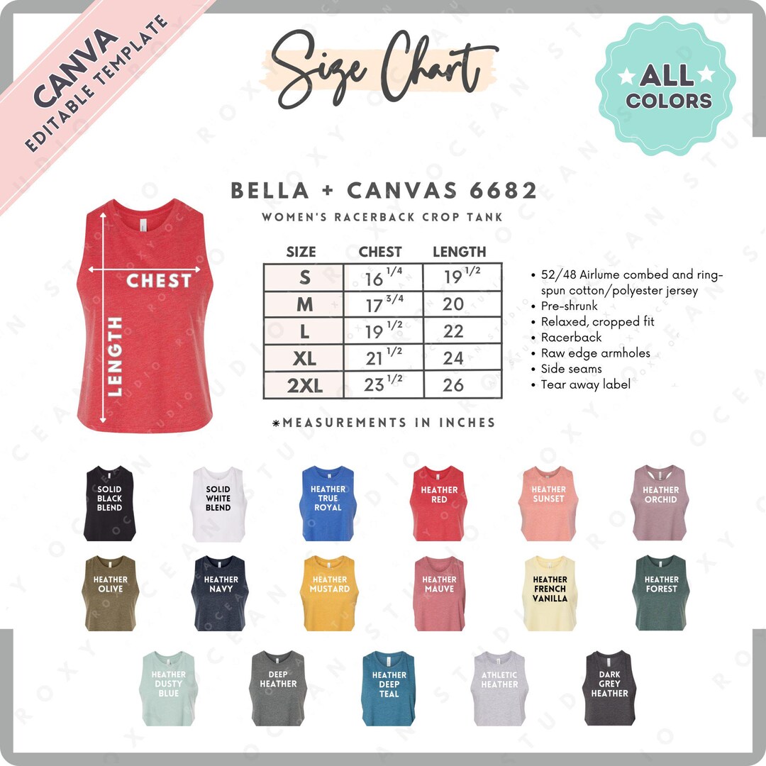 Bella Canvas 6682 Size + Color Chart | Editable Canva Template | 6682 ...