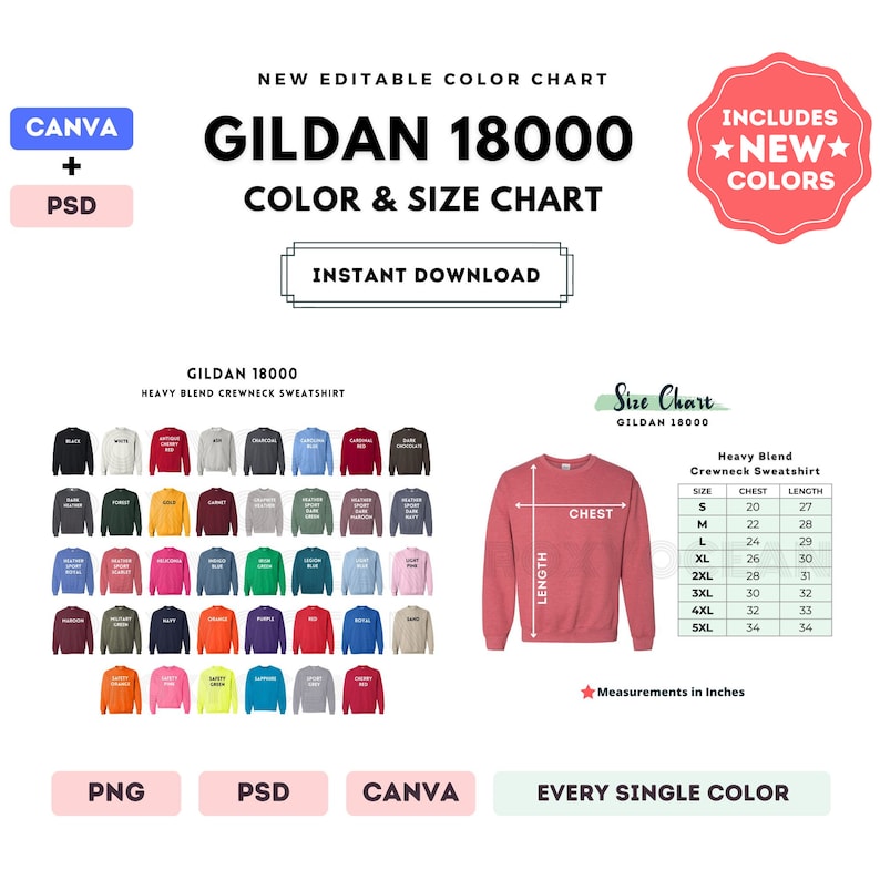 G180 Color + Size Chart | EDITABLE Canva Template | G180 Crewneck ...