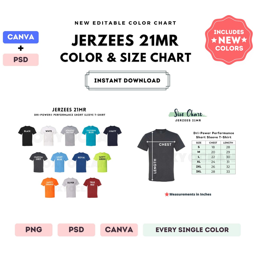 Jerzees 21MR Color + Size Chart | EDITABLE Canva Template | 21MR ...