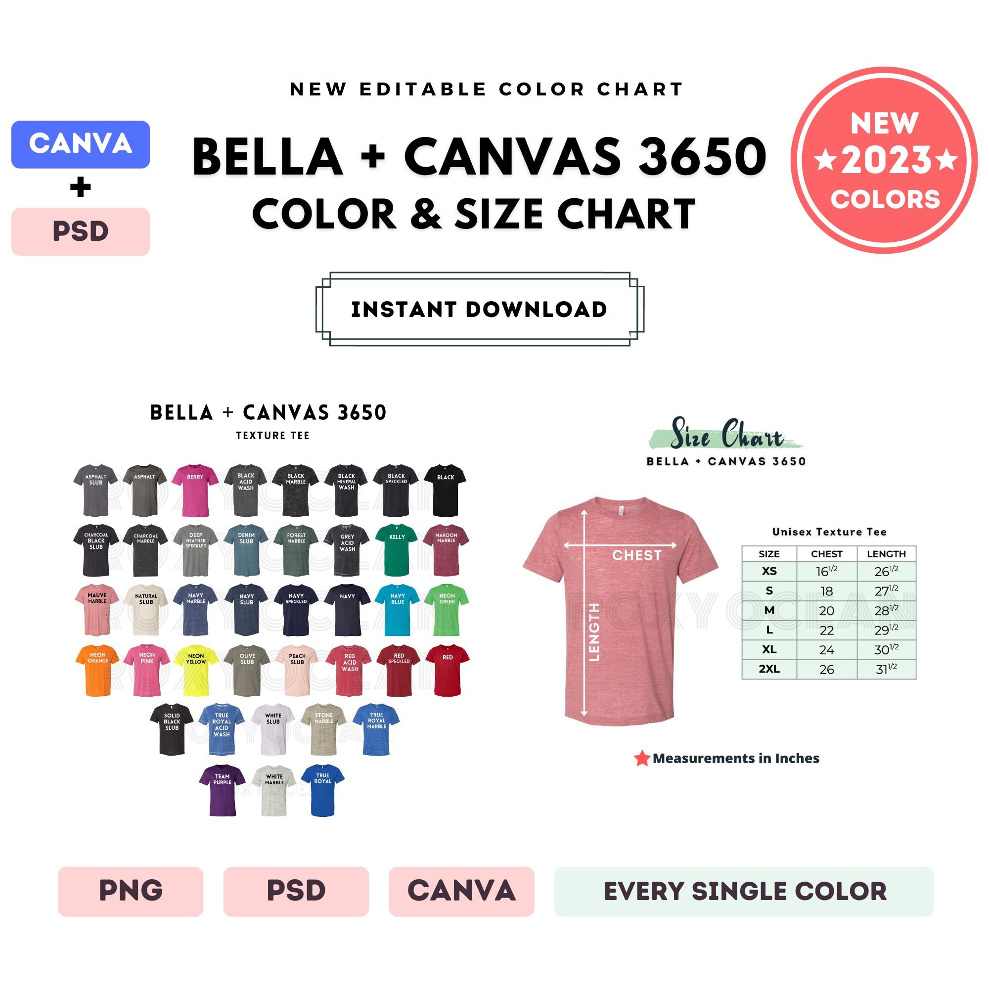 Bella Canvas 3650 Color Size Chart EDITABLE Canva Template - Etsy