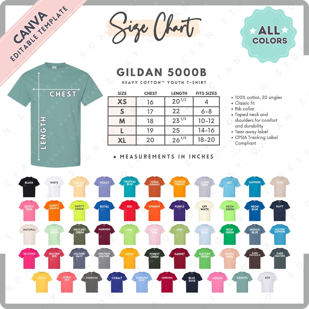 Gildan 5000B Size + Color Chart | EDITABLE Canva Template | G500B Heavy ...