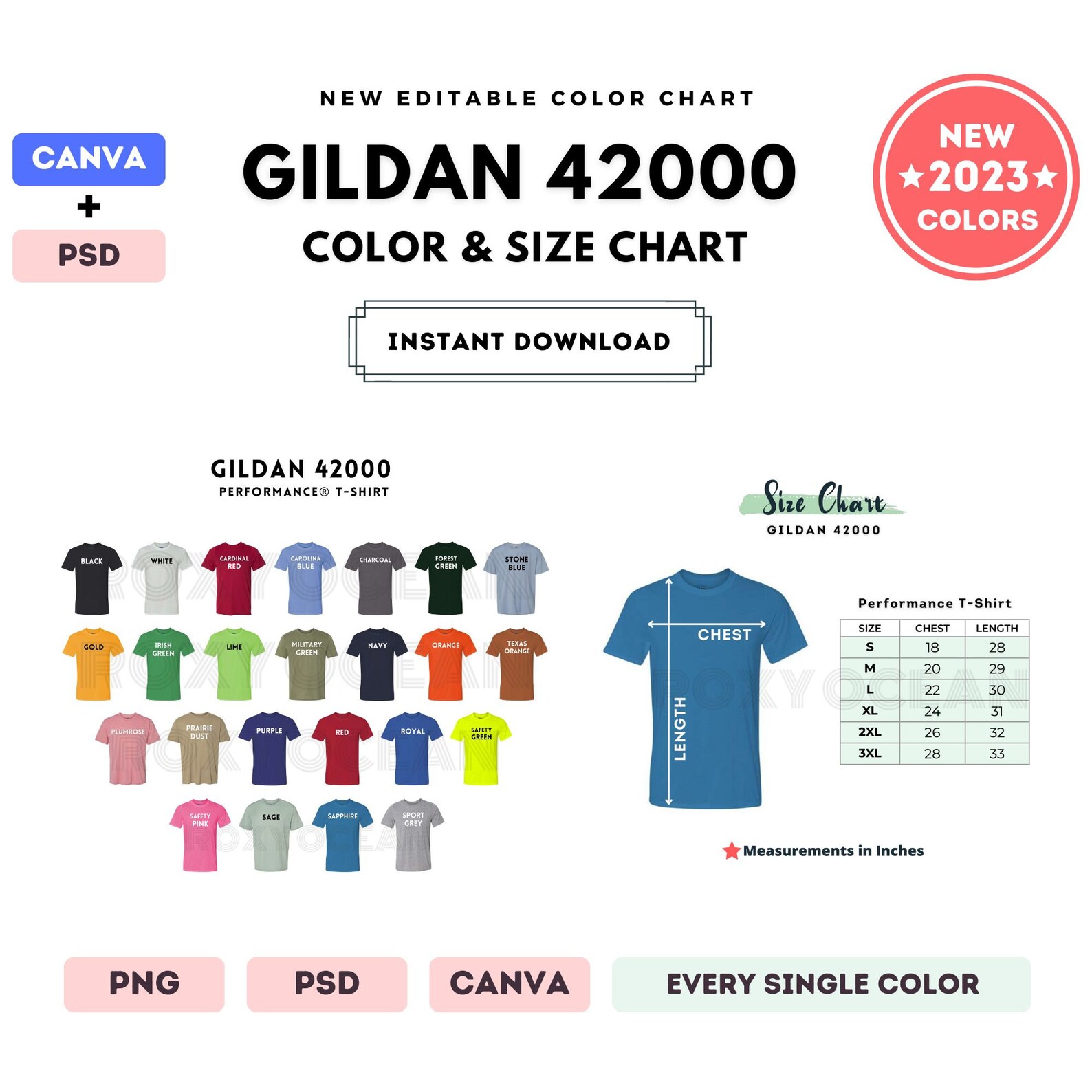 G420 Color Size Chart EDITABLE Canva Template G420 Performance T-shirt ...
