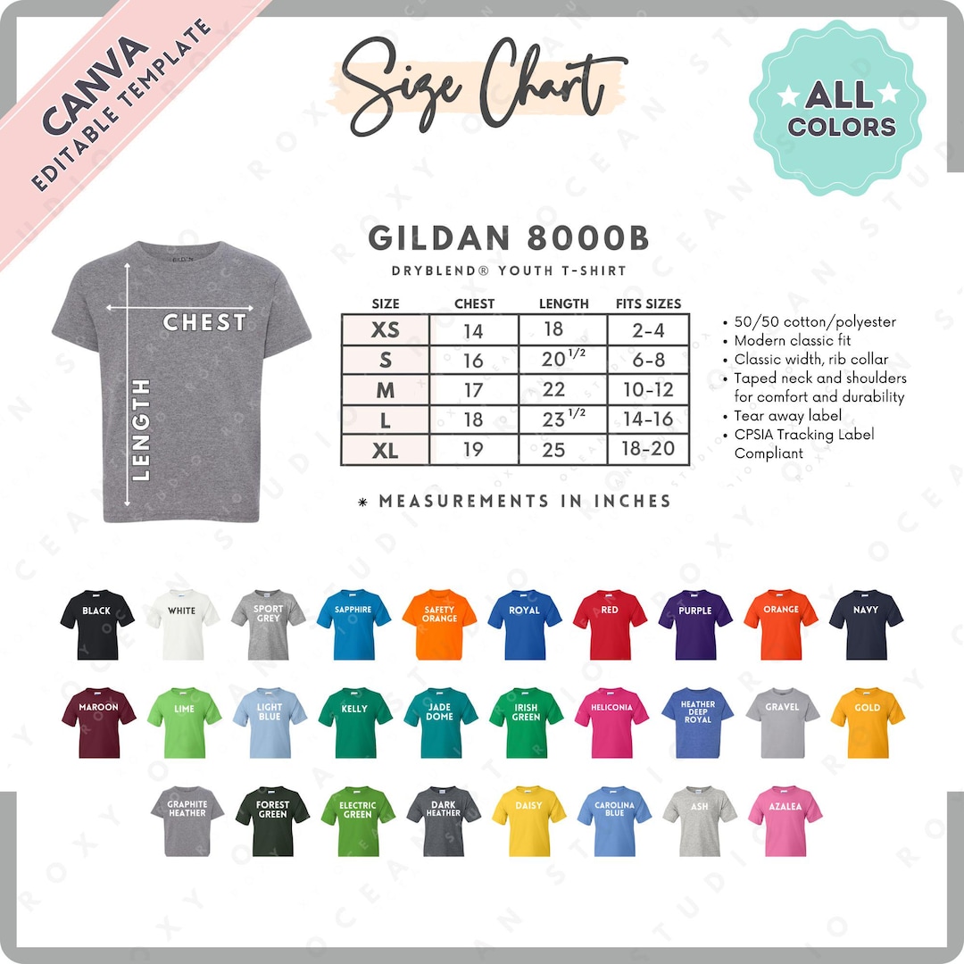 Gildan 8000B Size + Color Chart | EDITABLE Canva Template | G800B ...