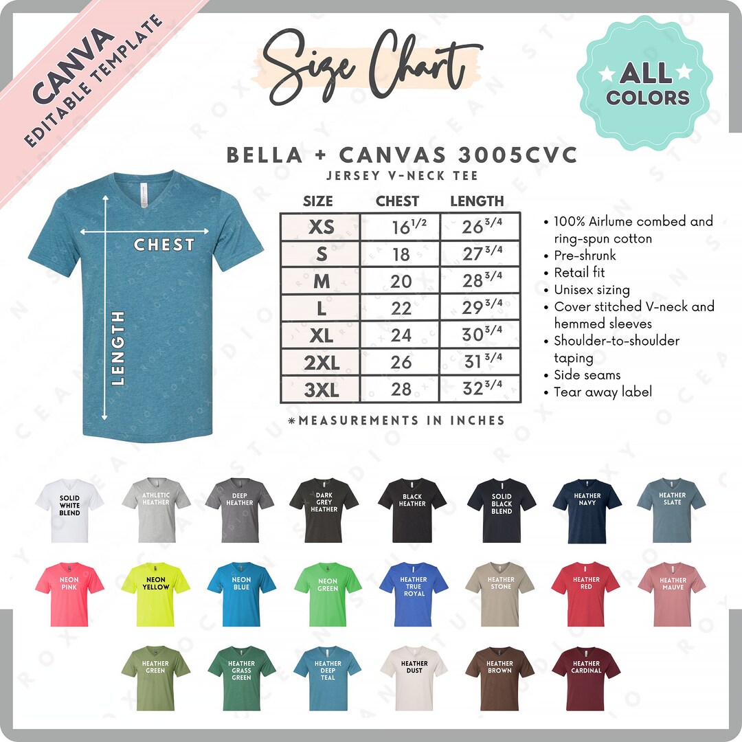 Bella Canvas 3005 CVC Size + Color Chart | EDITABLE Canva Template ...