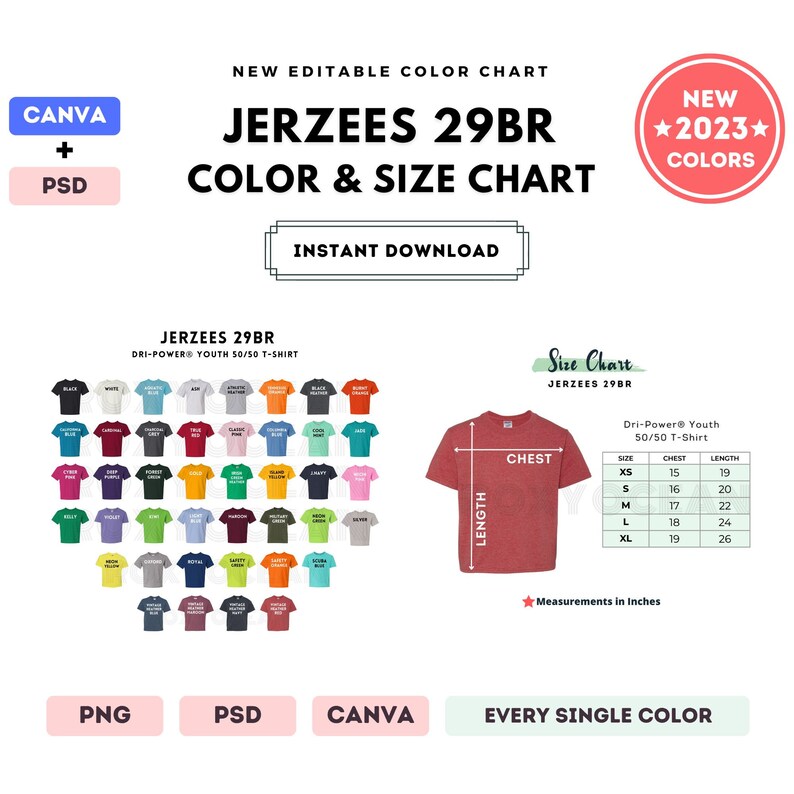 Jerzees 29BR Color Size Chart EDITABLE Canva Template 29BR Dri-power ...