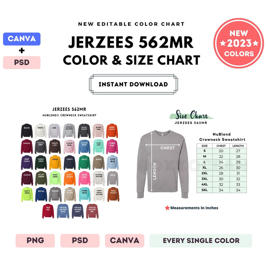 Jerzees 562MR Color Size Chart EDITABLE Canva Template 562MR Crewneck ...
