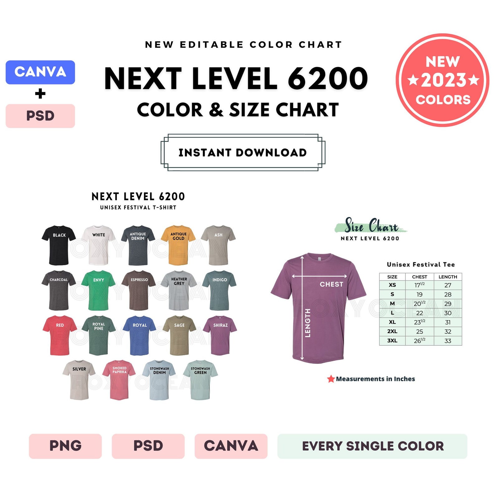 Next Level 6200 Color Size Chart EDITABLE Canva Template 6200 Unisex ...