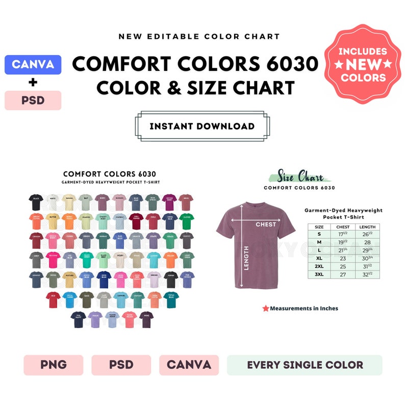 Comfort Colors 6030 Color Size Chart EDITABLE Canva Template 6030 ...