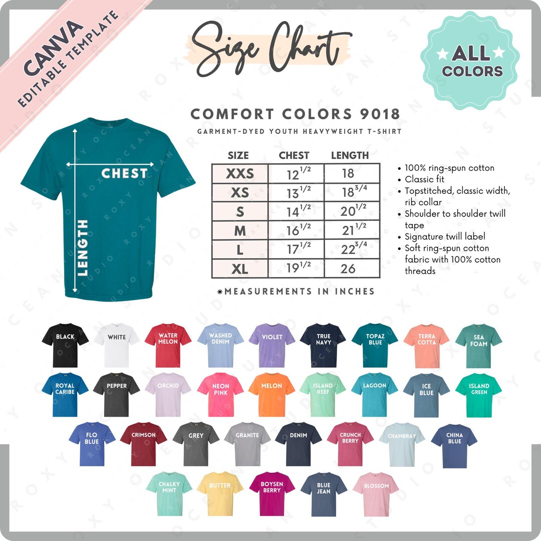 Comfort Colors 9018 Size + Color Chart | EDITABLE Canva Template | 9018 ...