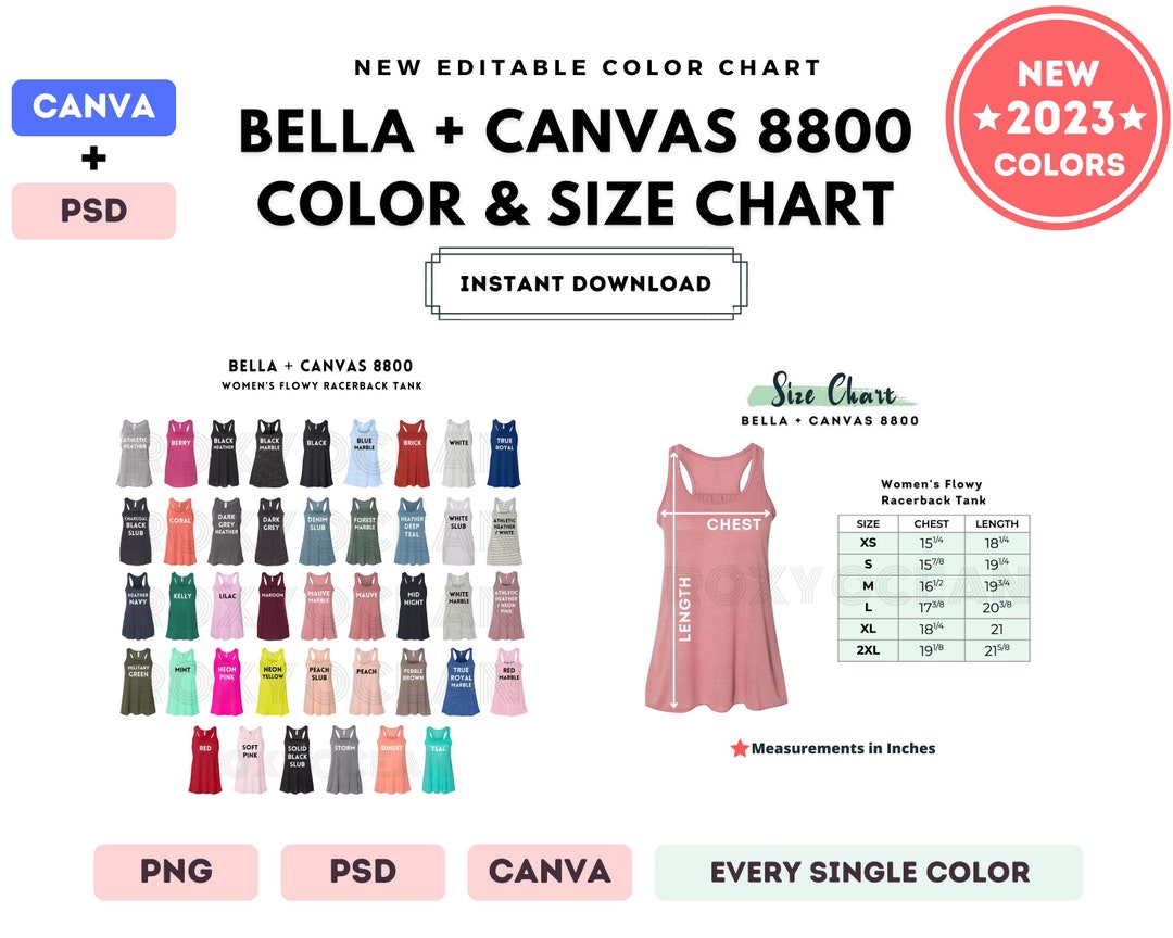 Bella Canvas 8800 Color Size Chart EDITABLE Canva Template - Etsy UK