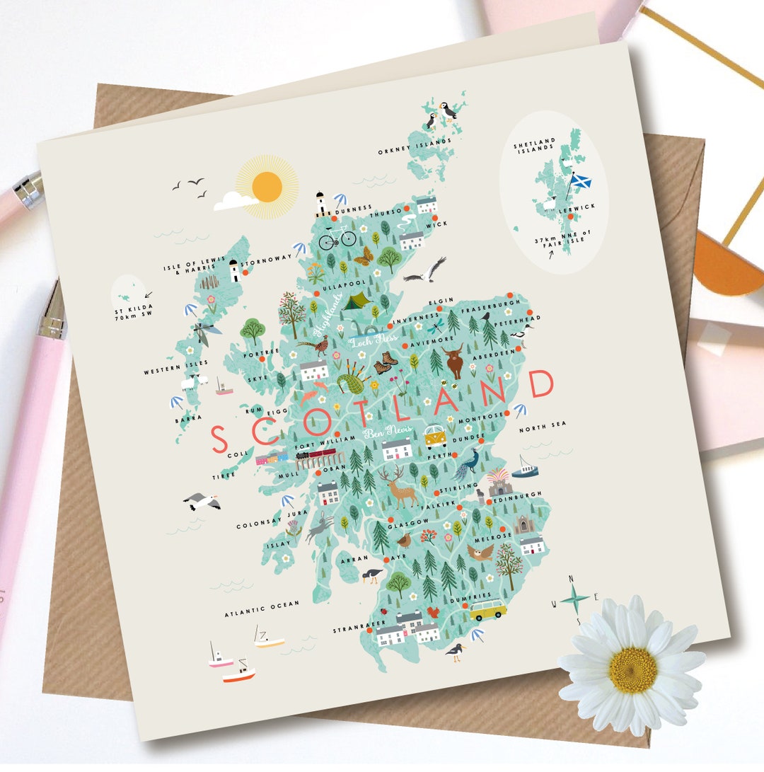 Scotland Map Illustration Card. Scottish Map. Outer Hebrides. Orkney ...