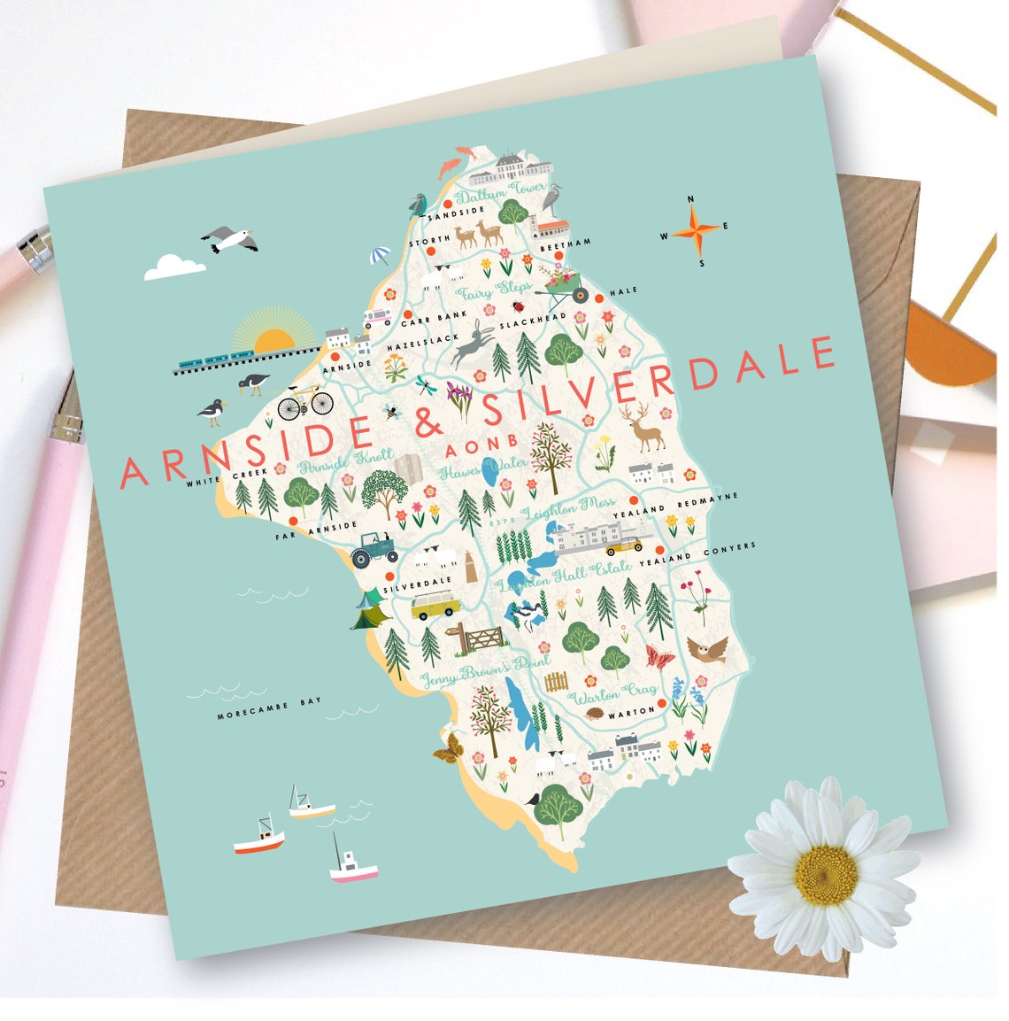 Arnside and Silverdale AONB Map Greetings Card. Arnside Area of ...