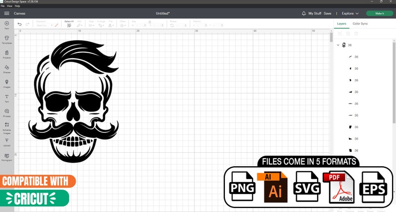 Skulls With Mustache SVG Bundle | Bearded Skulls Digital SVG | Cricut ...