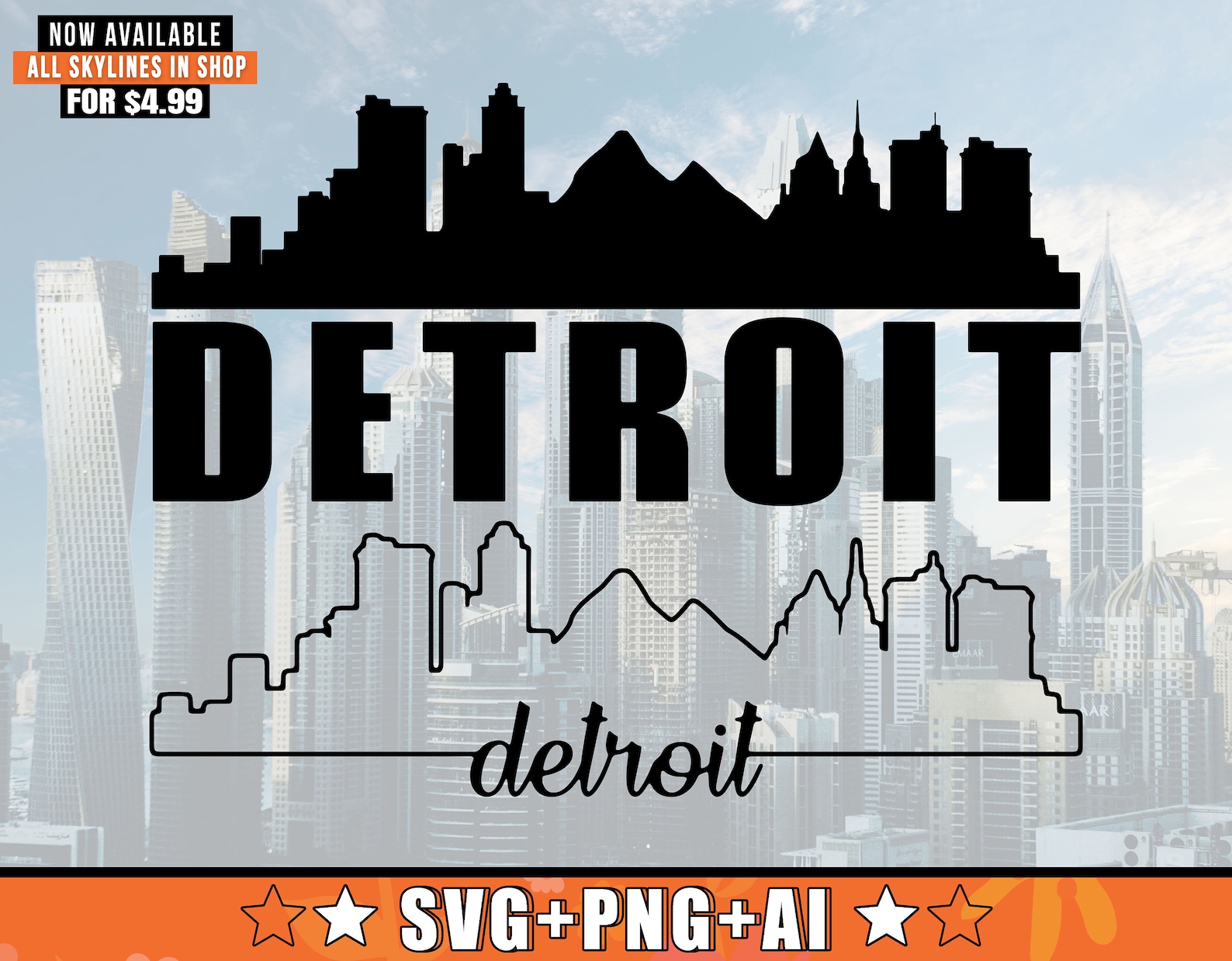 Detroit Skyline SVG With Extra Outline Design Detroit - Etsy