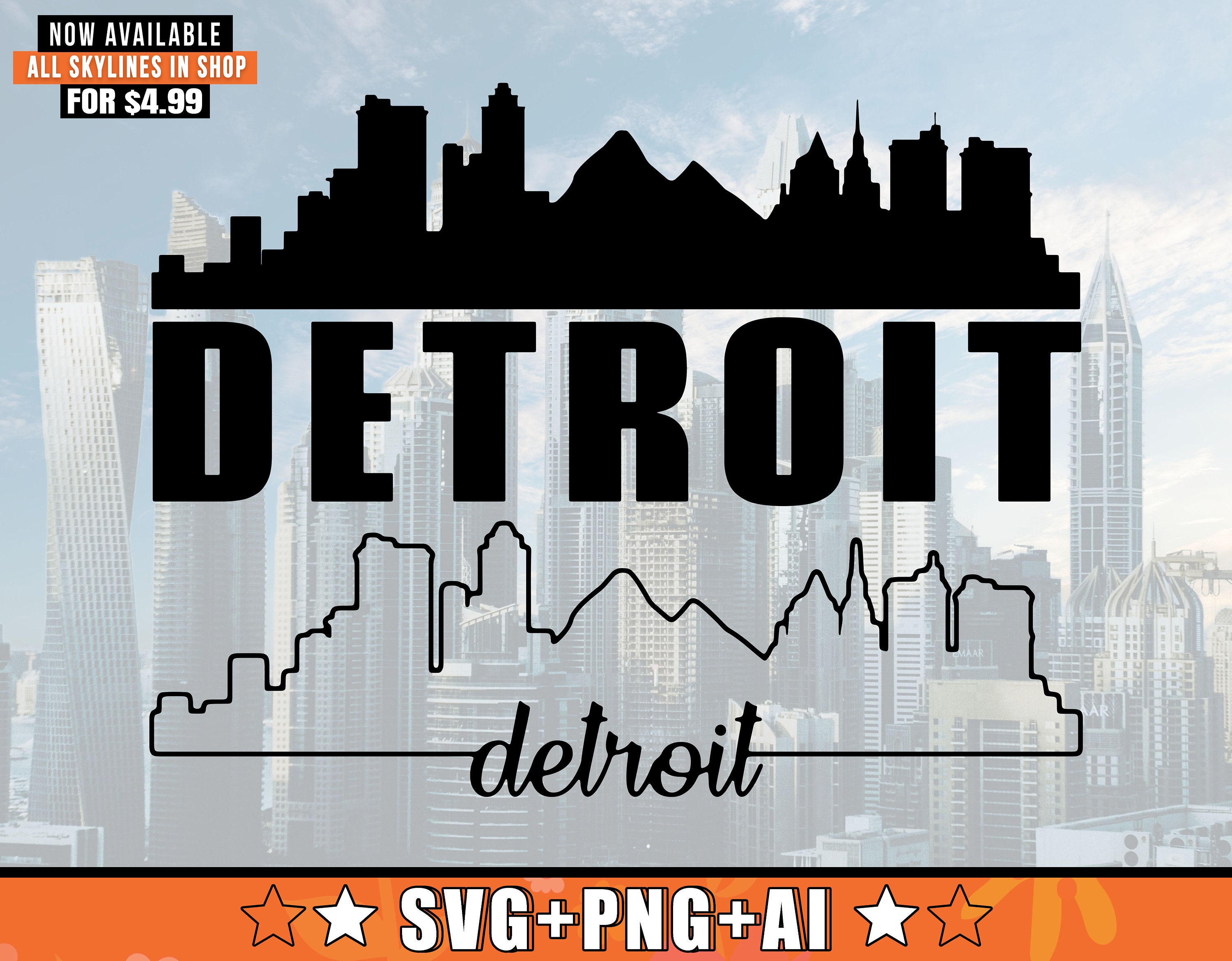 Detroit Skyline SVG With Extra Outline Design Detroit | Etsy