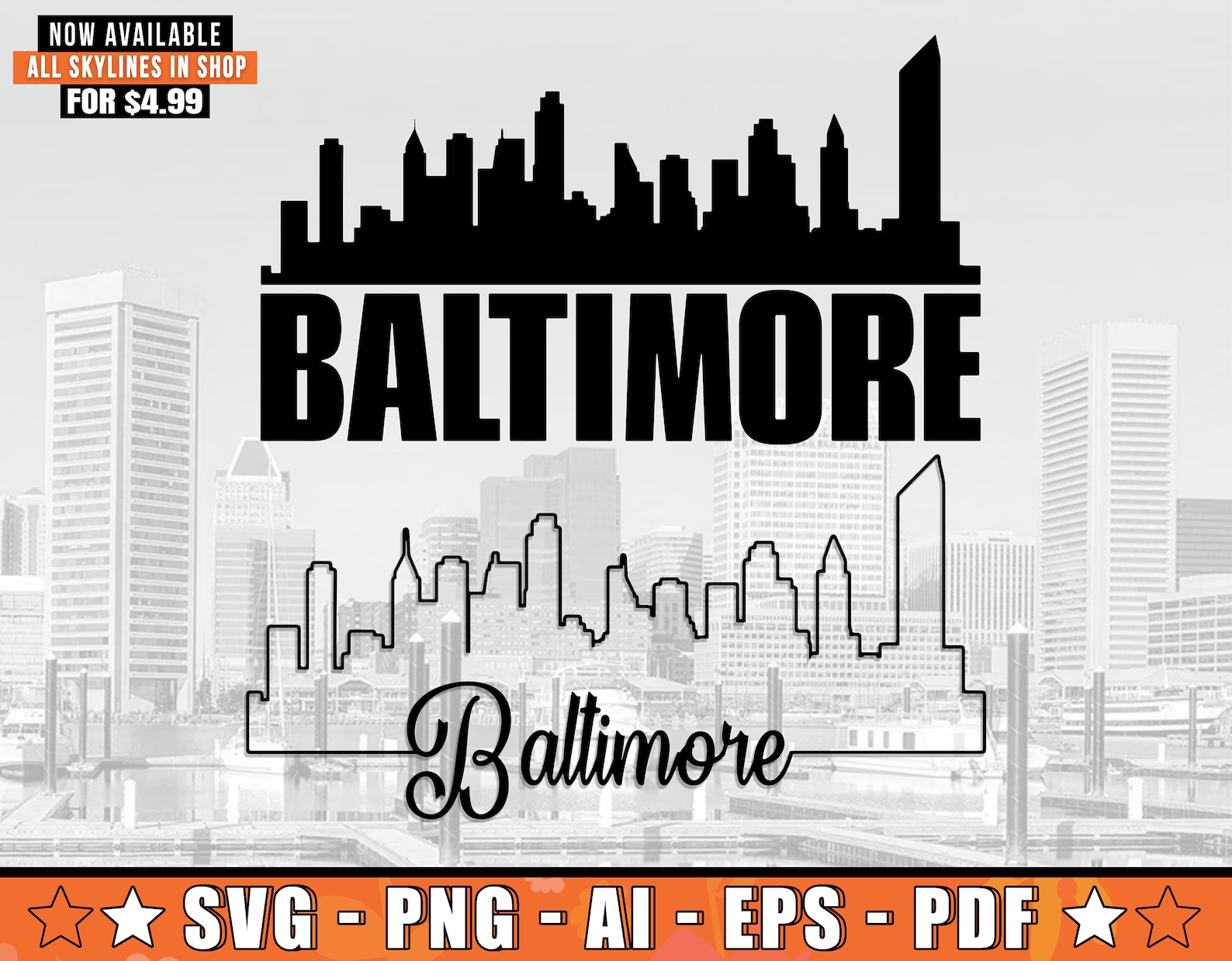 Baltimore Skyline SVG With Extra Outline Design | Maryland Baltimore ...