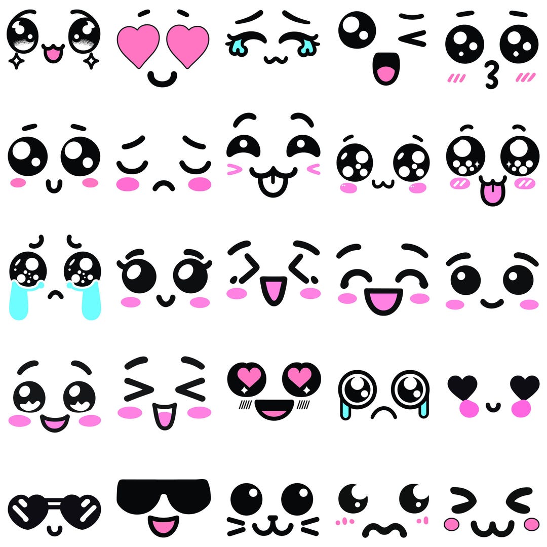 Kawaii Faces SVG Bundle , 25 Cute Kawaii Facial Expressions SVG for ...