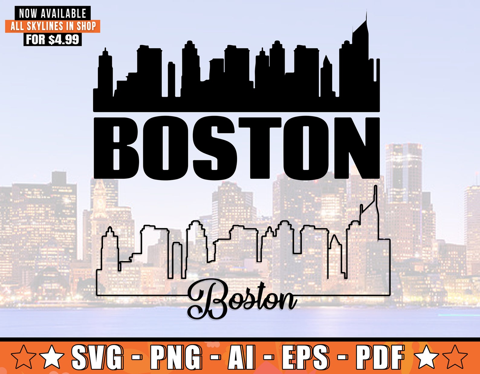 Boston Skyline SVG With Extra Outline Design | Boston Massachusetts ...