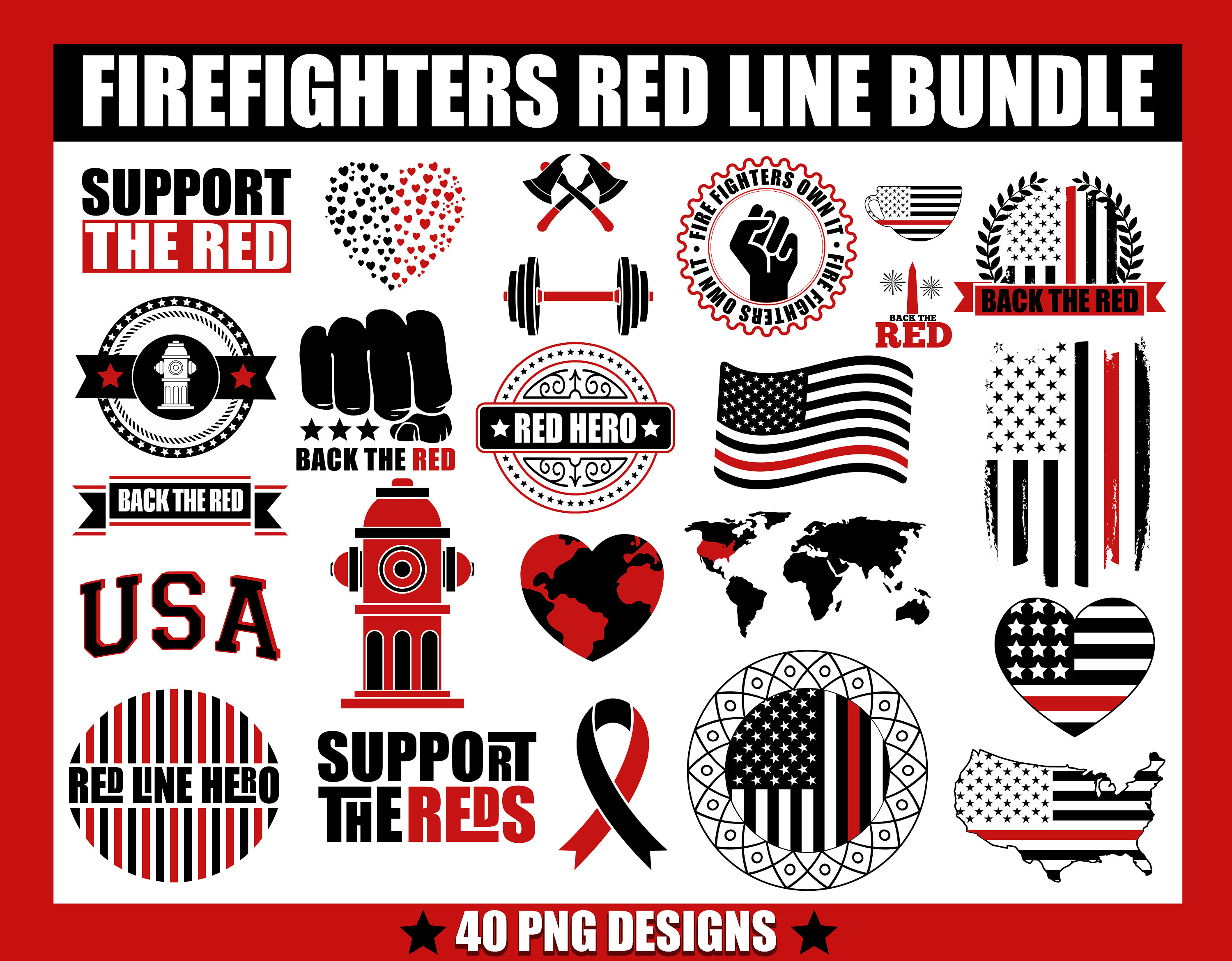 Firefighters Red Line Bundle With 40 PNG Designs and Distressed Red ...