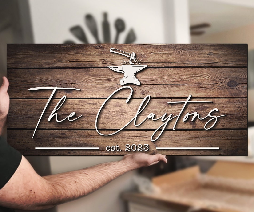 Custom Blacksmith Wood Name Sign Personalized Anvil Hammer Wooden Iron ...