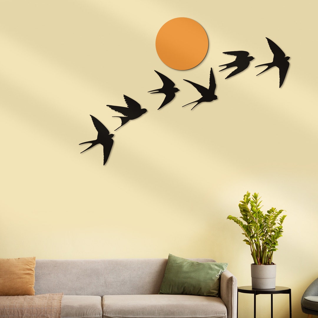 Set of 7 Wooden Flock Flying Bird Sun Wall Art Swallow Unique Home Sign ...