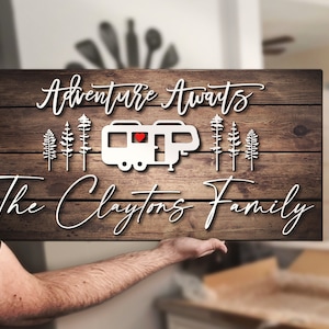 Custom RV Travel Trailer Mountain Campsite Adventure Await Wood Sign ...