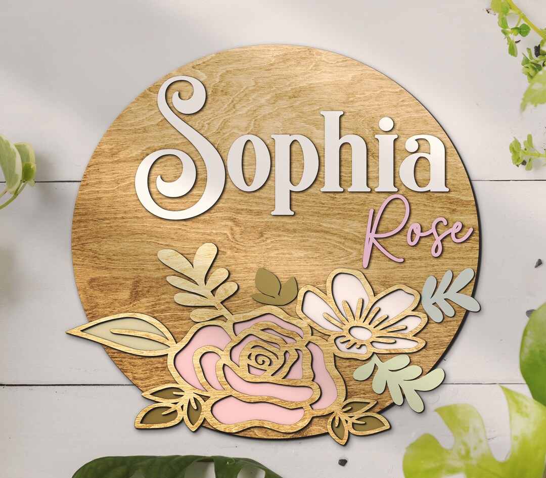 Custom Floral Wood Nursery Name Sign Door Hanger Decoration ...