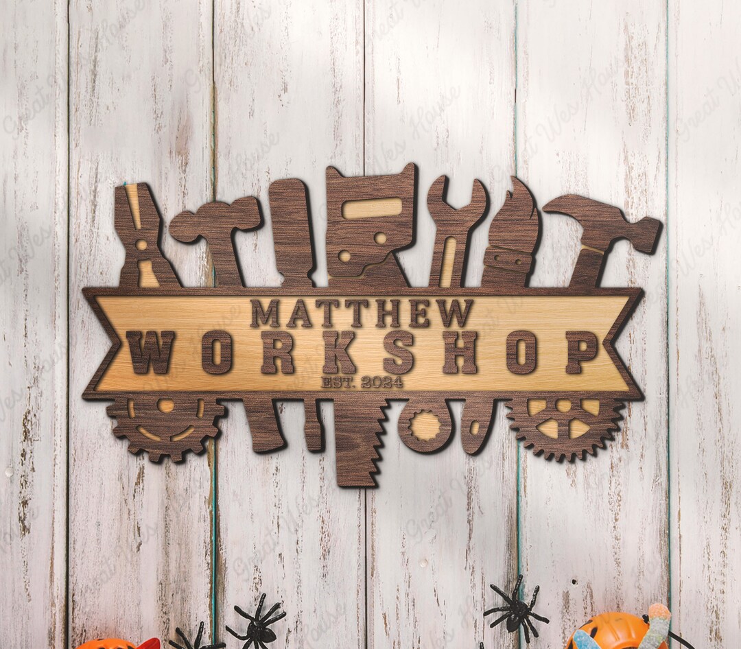 Custom Wood Workshop Sign: 3D Tools, Personalized Garage Decor - Etsy