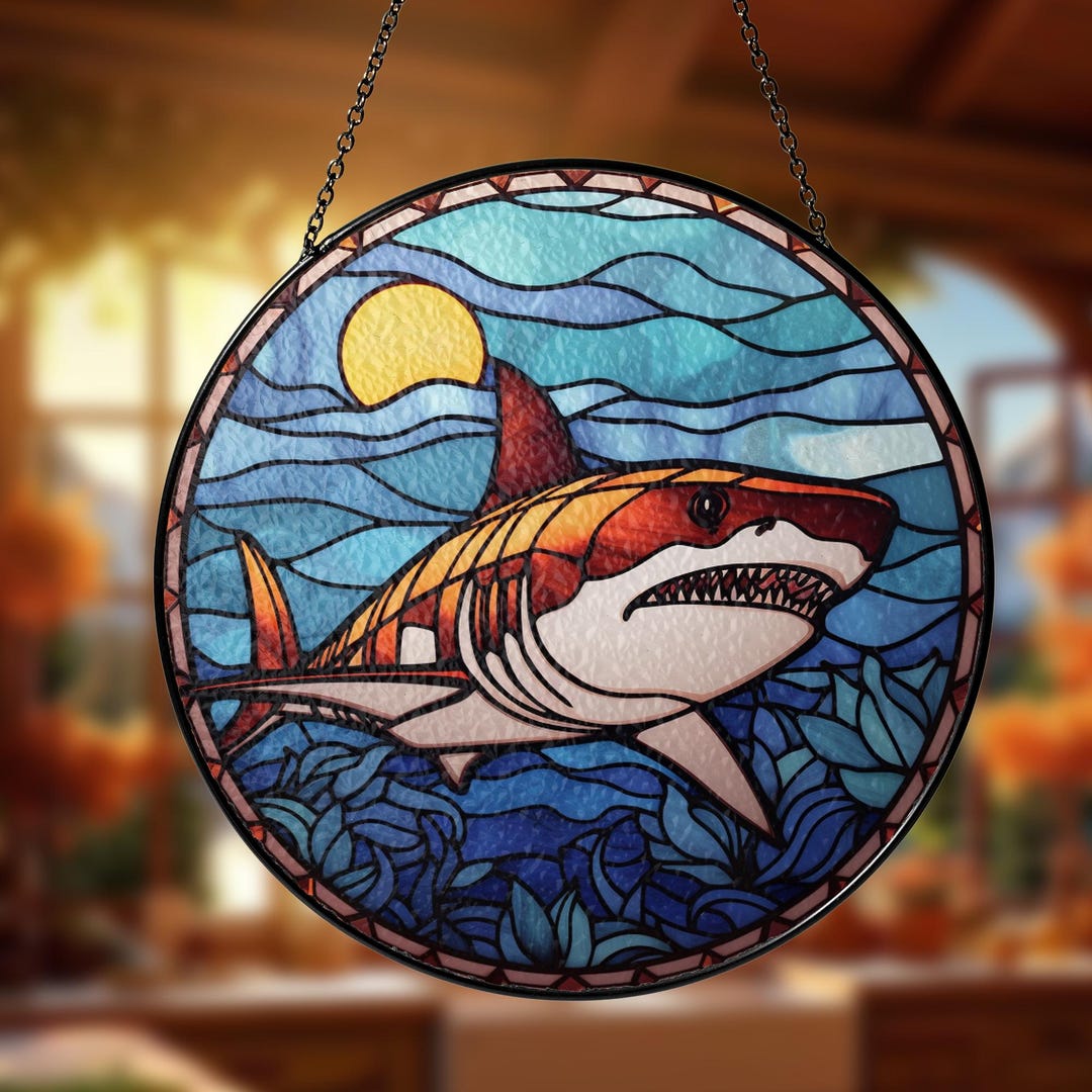 Stained Glass Shark Beach Suncatcher White Shark Light Catcher Window ...