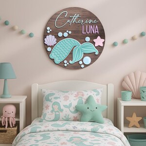 Custom Mermaid Under the Sea Kid 3D Wood Nursery Name Sign Personalized ...