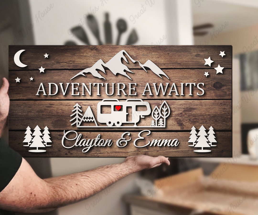 Custom RV Travel Trailer Adventure Awaits Mountain Camper Wood Sign ...