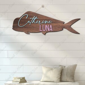 Custom Fishing 3D Kid Wood Nursery Name Sign Personalized Fisher Mahi ...