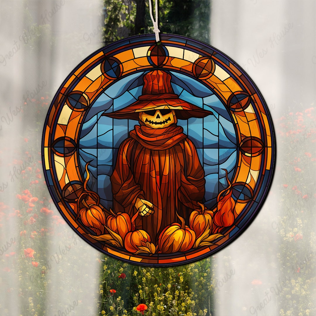 Scarecrow Pumpkin Acrylic Stained Glass Window Hanging Decor, New House ...