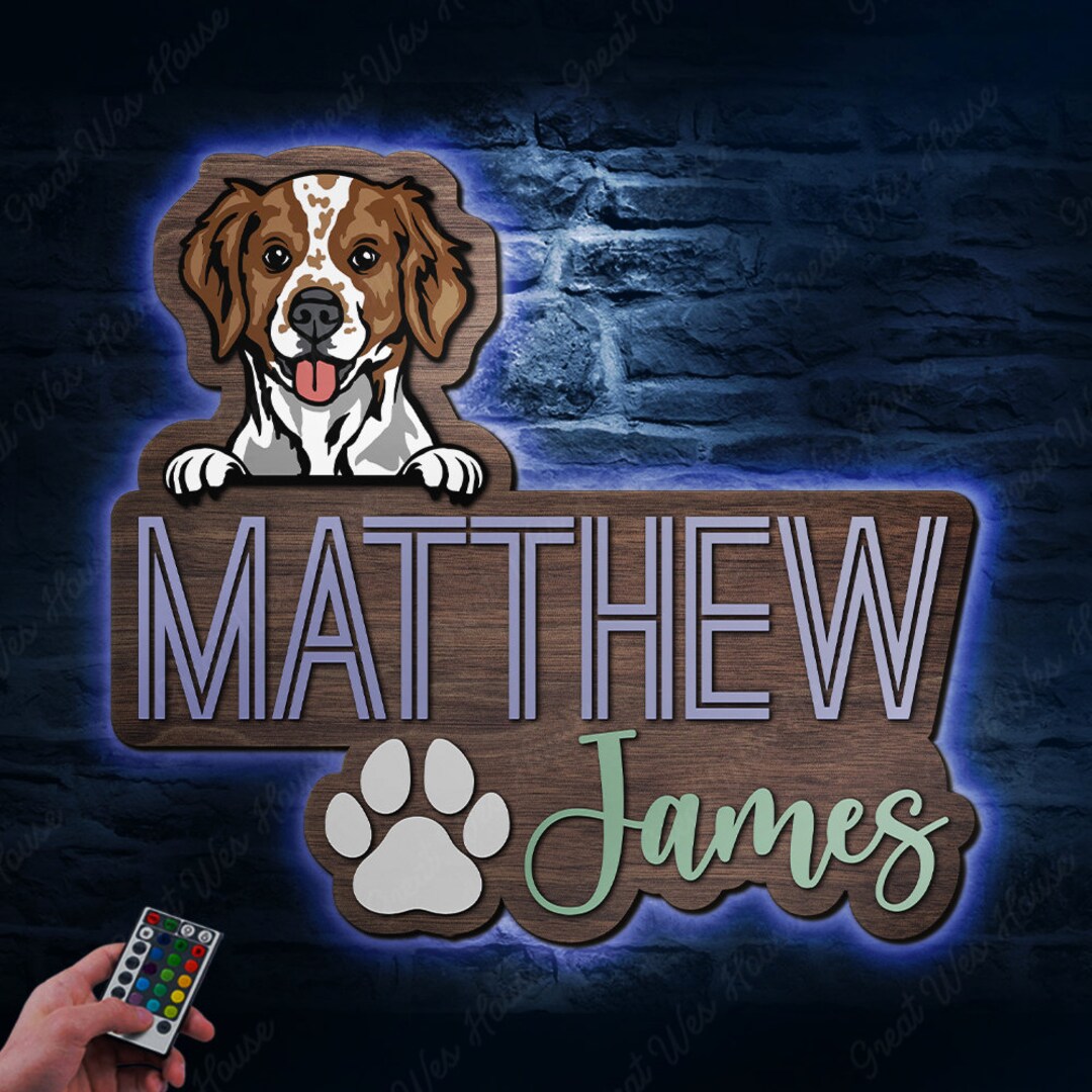 Custom Brittany Spaniel Dog Wood Nursery Name LED Lights Sign ...
